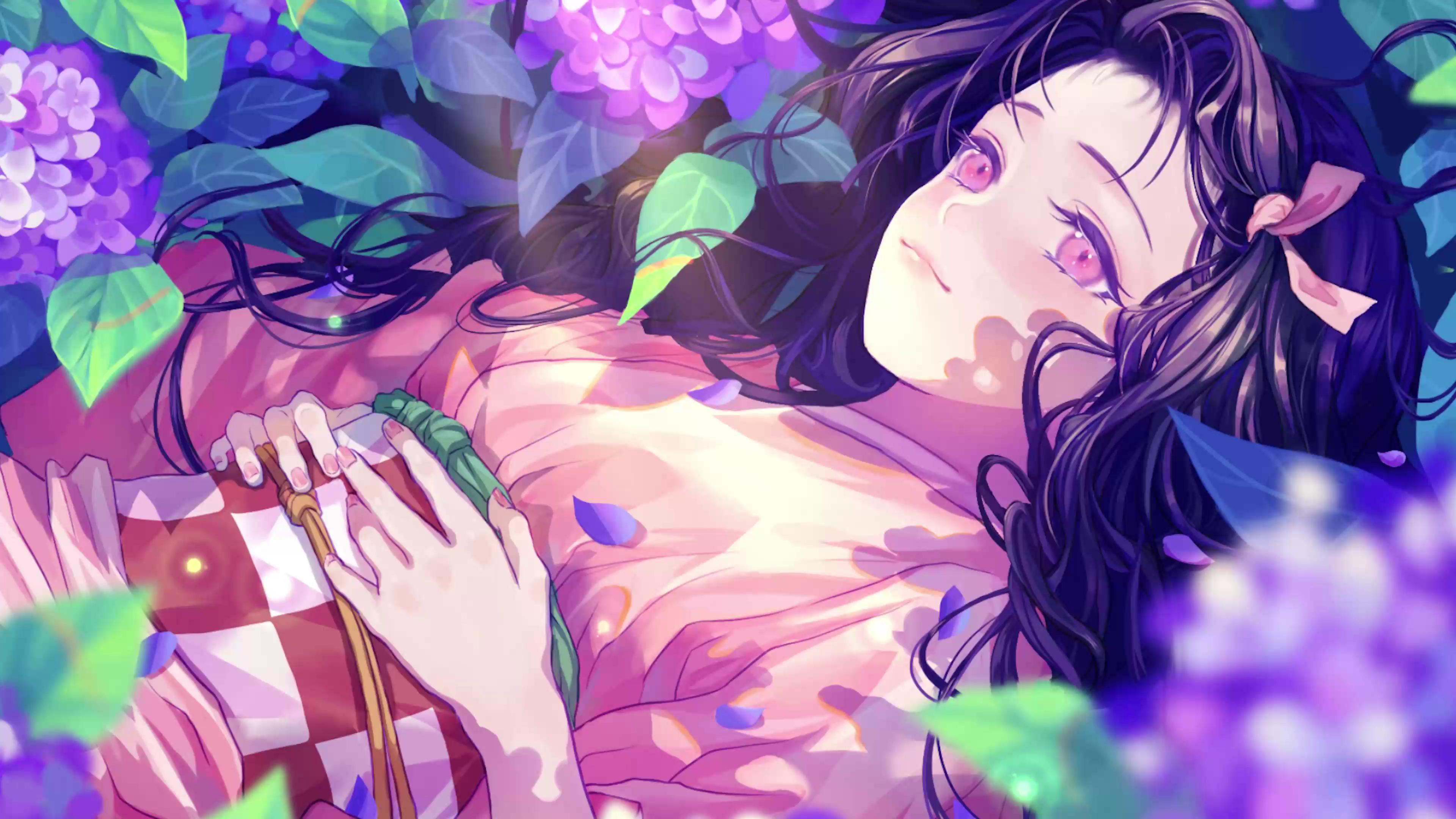 Nezuko in Violet Flowers (Kimetsu No Yaiba) Live Wallpaper