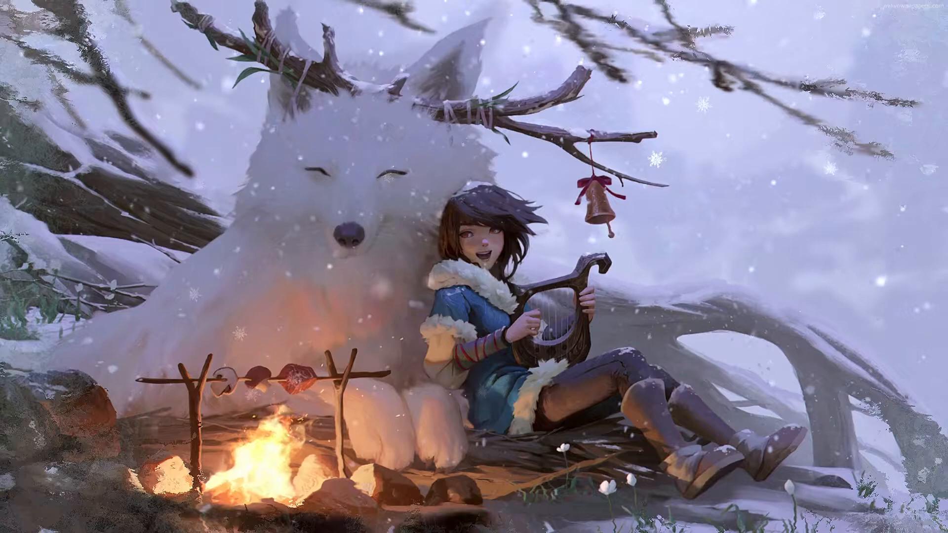 Girl With White Wolf Live Wallpaper