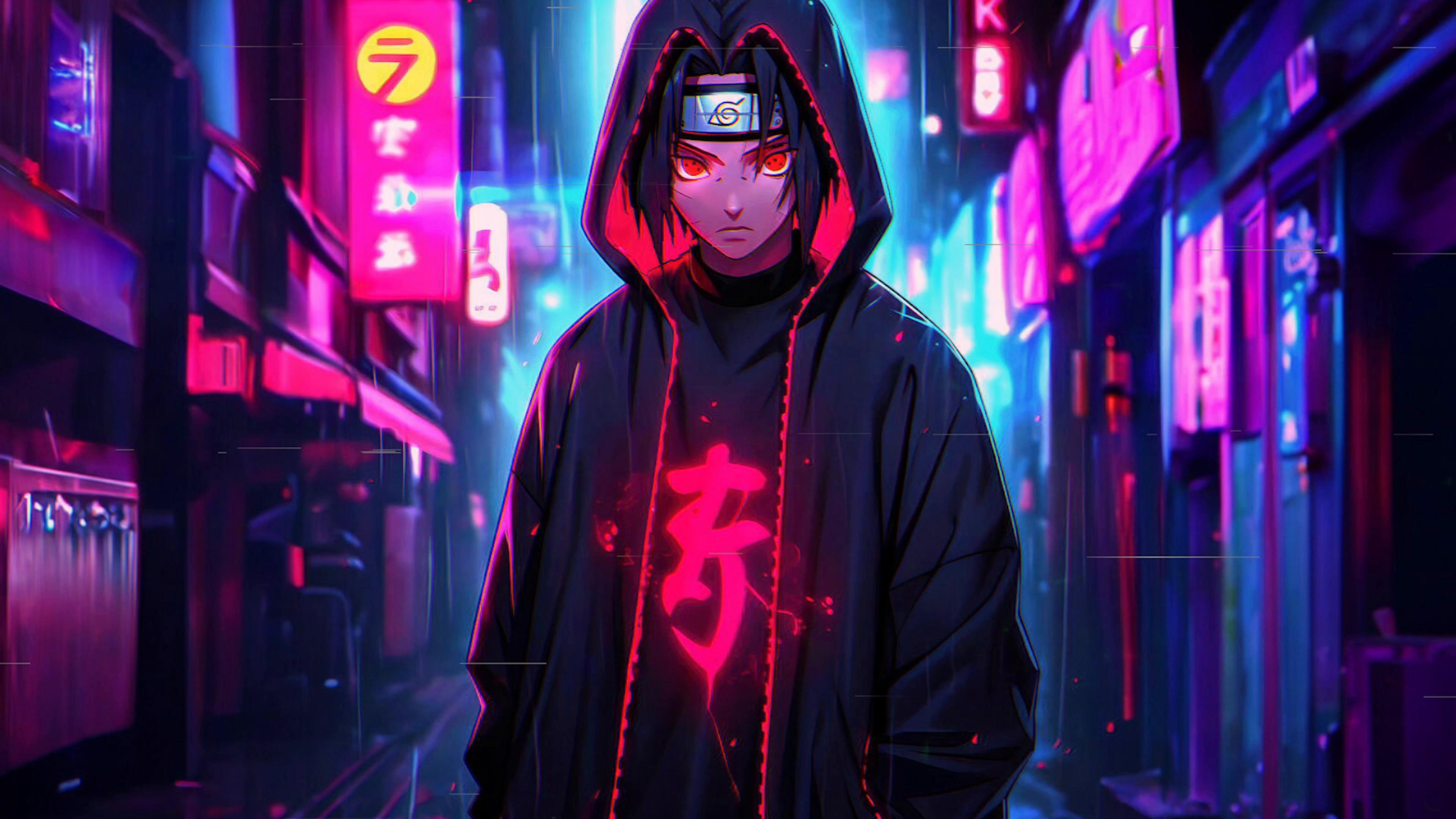 Uchiha Itachi in Cyberpunk City Live Wallpaper