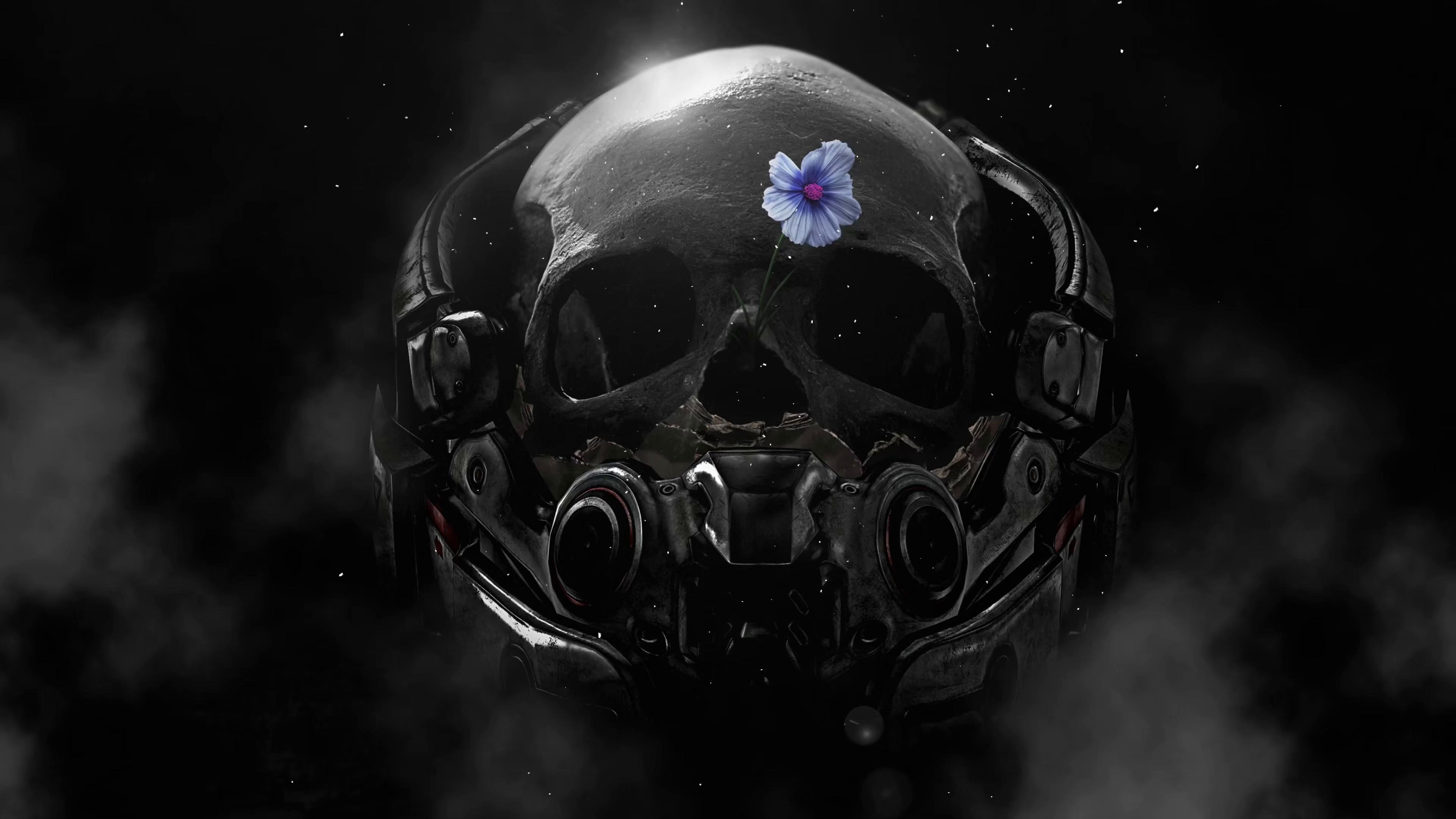 Black Skull With Flower Live Wallpaper