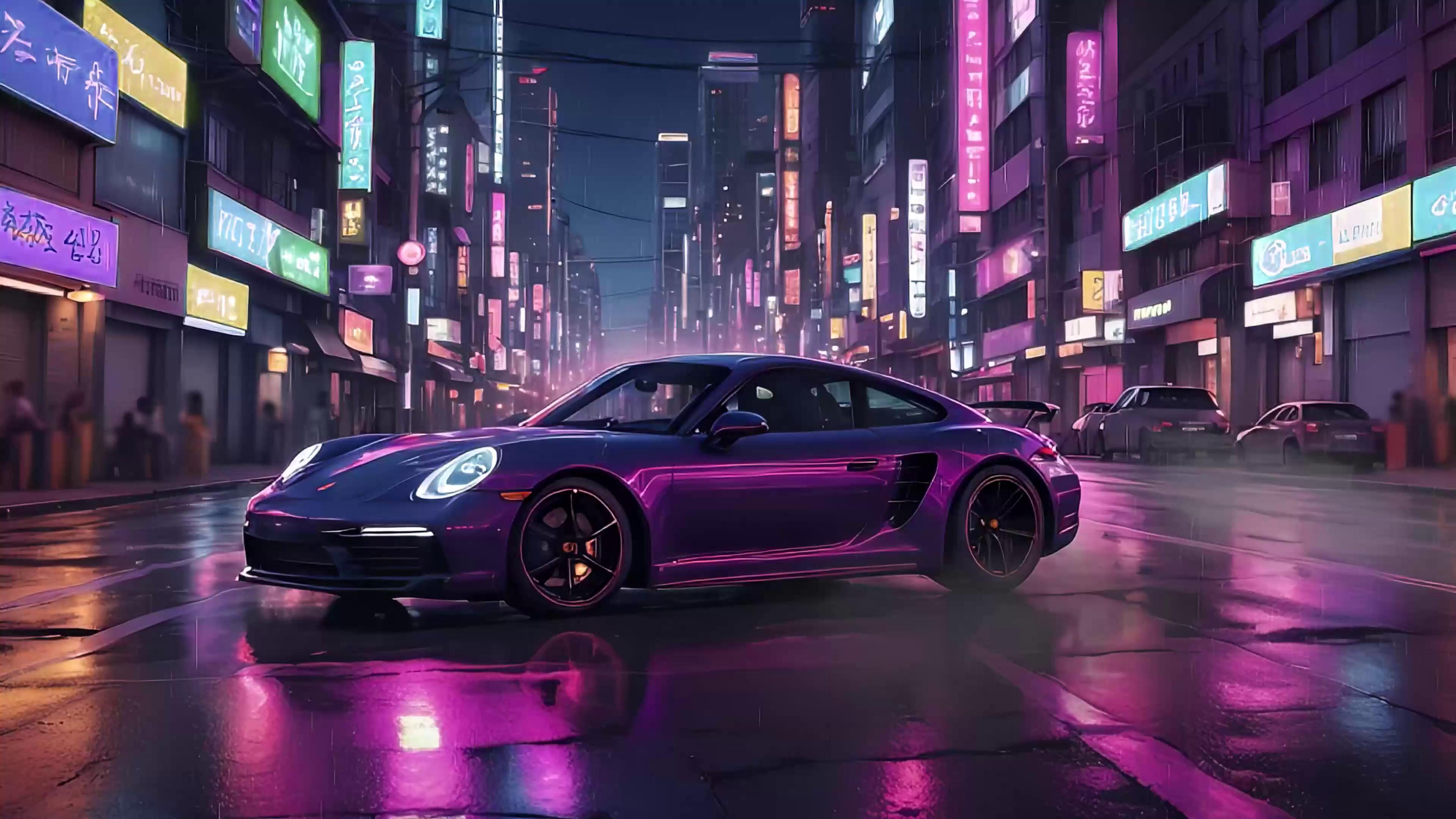 Purple Porsche in Tokyo Mobile Live Wallpaper