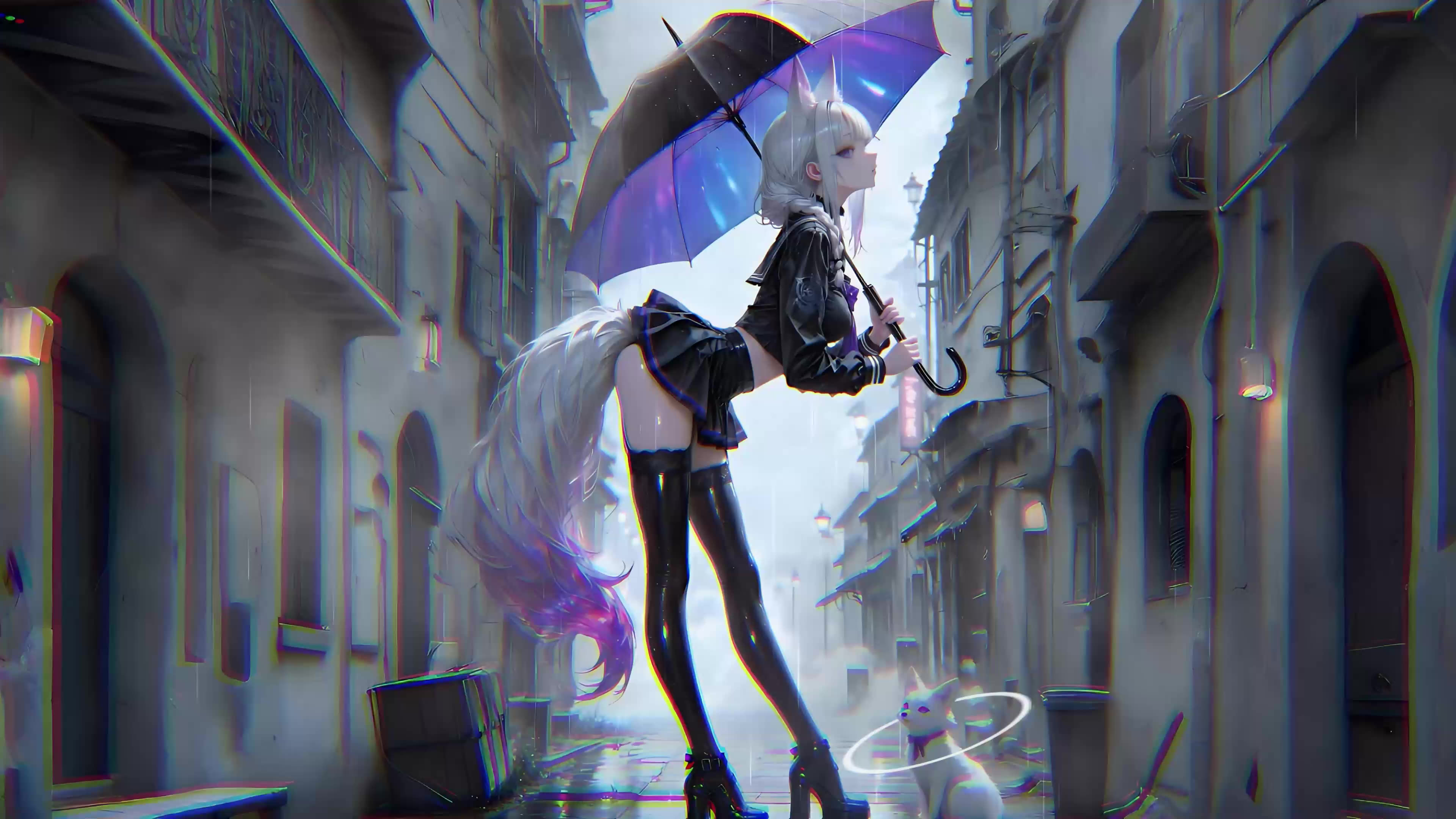 Silver Fox Girl in the Rain Mobile Live Wallpaper