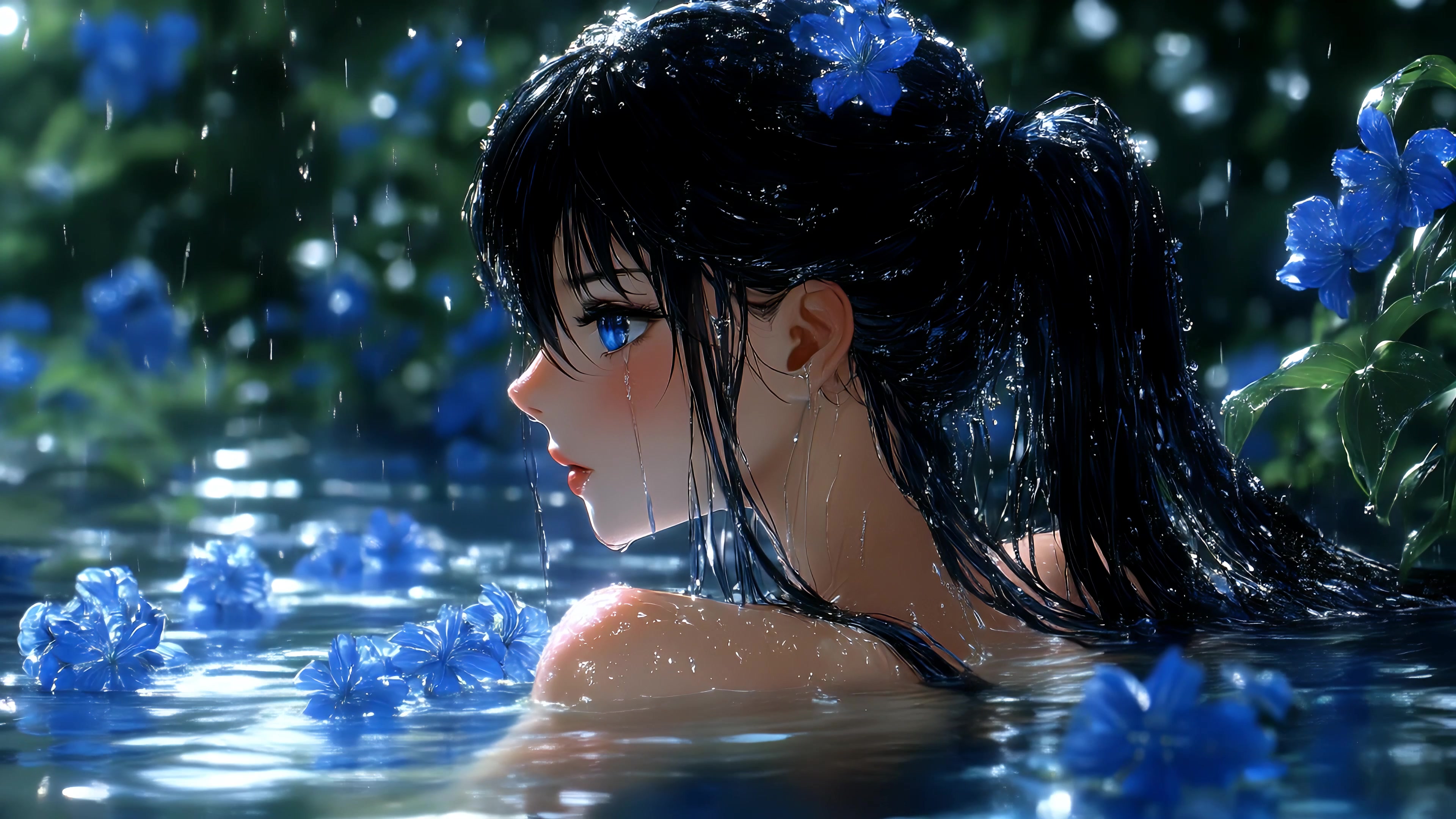 Girl Bathed in Blue Flowers Live Wallpaper