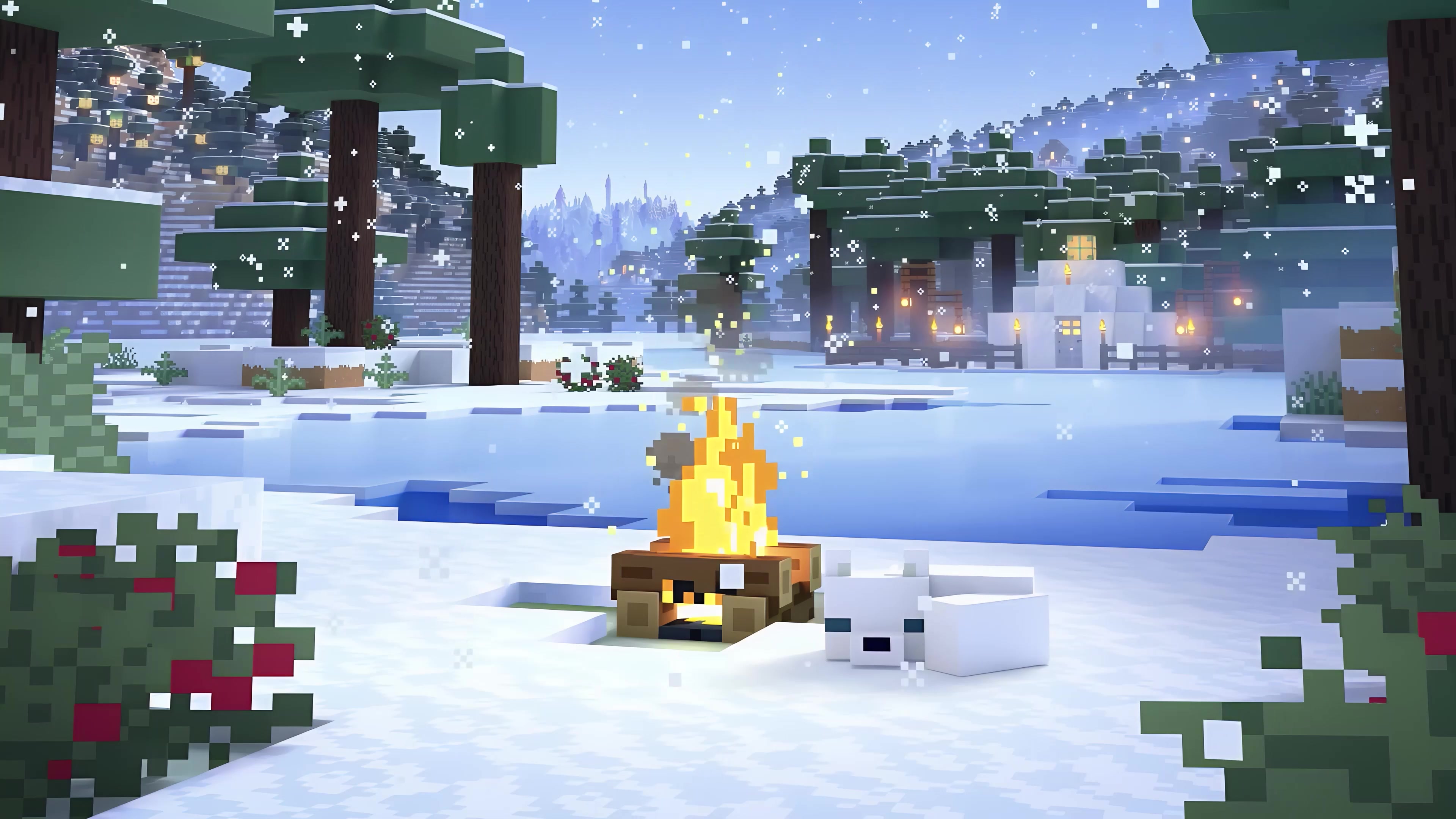 Minecraft Snowy Campfire Mobile Live Wallpaper